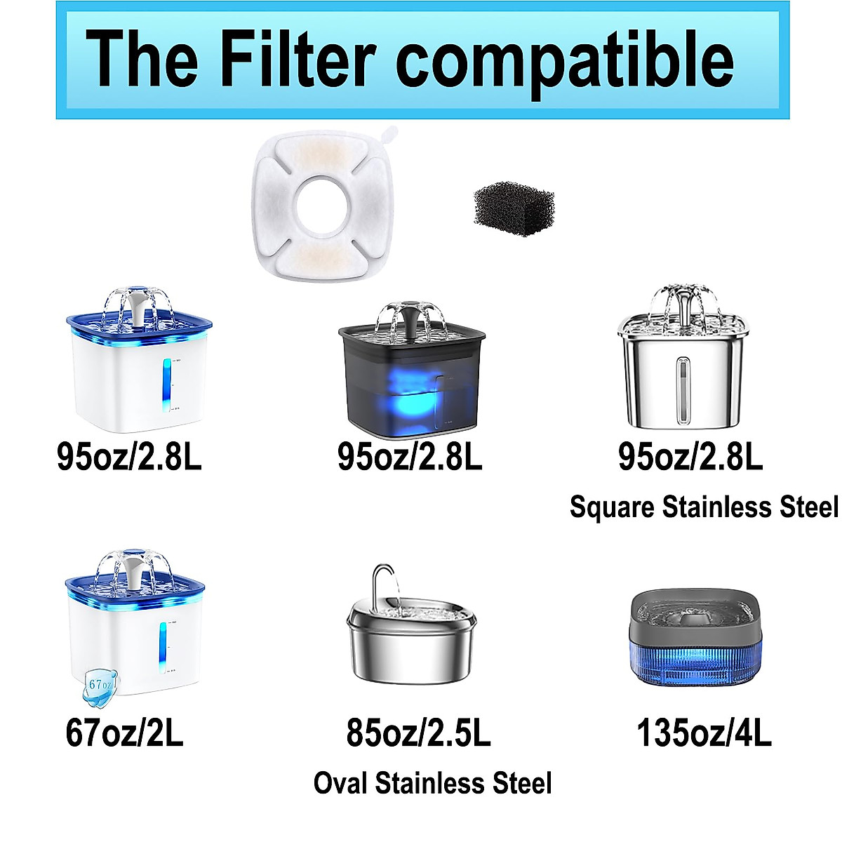NeucomBBT 8 Pack Filters+8 Pack Pre-Filter Sponges Replacement,compatible with Veken 95oz/2.8L Cat Water Fountain Dog Pet Water Dispenser