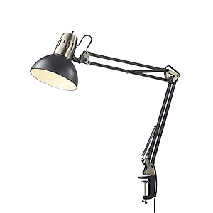 Globe Electric 62000009 32" Multi-Joint Desk Lamp with Metal Clamp, Matte Black, Antique Brass Accents, On/Off Rotary Switch on Shade, Partially Adjustable Swing Arm, Home Décor, Office Accessory