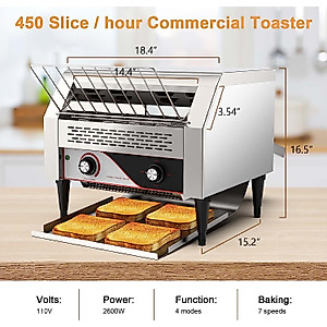 Conveyor Toaster 450 Slices/Hour - Commercial Toaster for Restaurant Heavy Duty - Auto Discharge Commercial Conveyor Toaster - 2600W Stainless Steel Toaster Oven for Buffets/Famliy Day/Camping