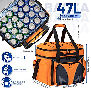BAOXA Dual Compartment Soft Sided Cooler Bag, 55 Cans Collapsible Lunch Cooler Bags Insulated, Large Lunch Box for Men, Leak proof Lunch Bag for Beach Camping Travel Picnic (Orange)