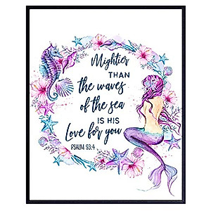 Mermaid Seahorse Seashells Wall Art - Inspirational Bible Verse Religious Quote - Christian Scripture Room Decor for Bathroom, Bedroom - Nautical Ocean Beach House Poster - Mightier Than the Waves