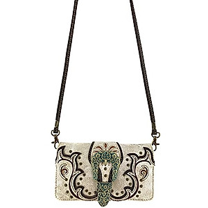 Justin West Patina Girl Western Bronze Floral Buckle Handbag Purse Tote and Strap Wallet (Beige Tote and Wallet)