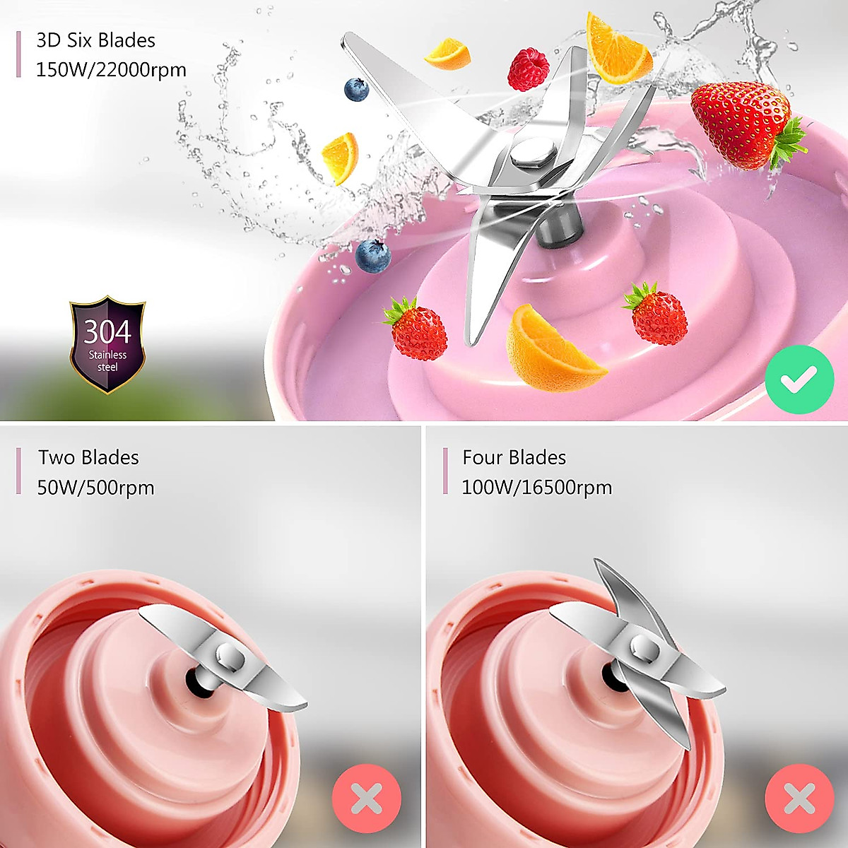 Portable Blender Personal Size Blender for Shakes and Smoothies 4000mAh Rechargeable Mini Travel Blender with 3D Six Blades 13.5Oz Fruit Mixer Cup for Home, Sports, Outdoor (Pink)