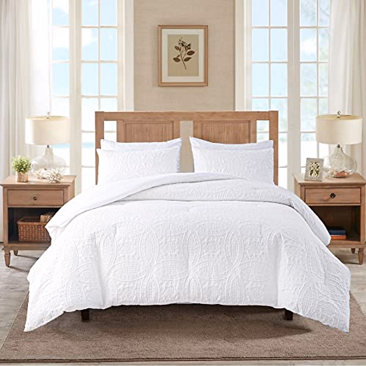 White King Size Comforter Set for King Lightweight and Fluffy Textured Comforter Sets 3 pcs King Comforters Bed Mid Century Trendy Geometric Design Luxury Comforter Set