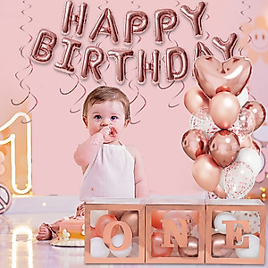 RUBFAC 1st Birthday Rose Gold Baby Shower Decorations for Girl Rose Gold Balloons 1st ONE Boxes Foil Balloon Hanging Swirls for Baby 1st Birthday Party