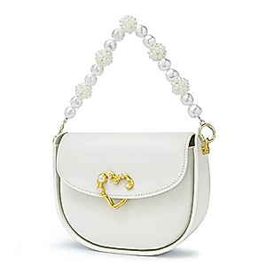 Women's Cowhide Leather Crossbody Handbags with Pearl Handle Adjustable Strap(White)