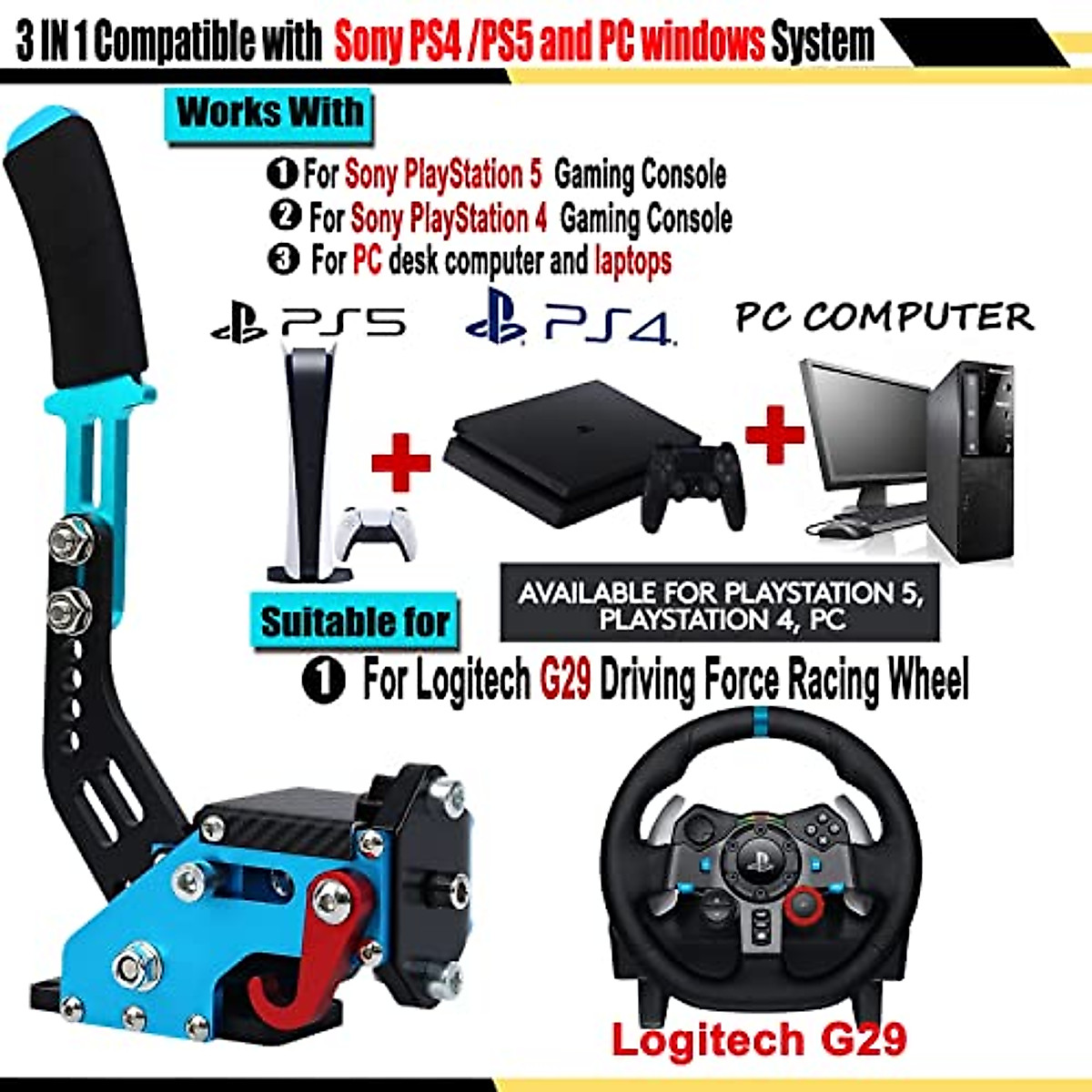 Obokidlyamor 64Bit USB Handbrake For 2 IN 1 Compatible with Microsoft PS4/PS5 Console Controller and PC system; Work on For Logitech G29 Racing Steering wheel (For PS4/PC, Blue)