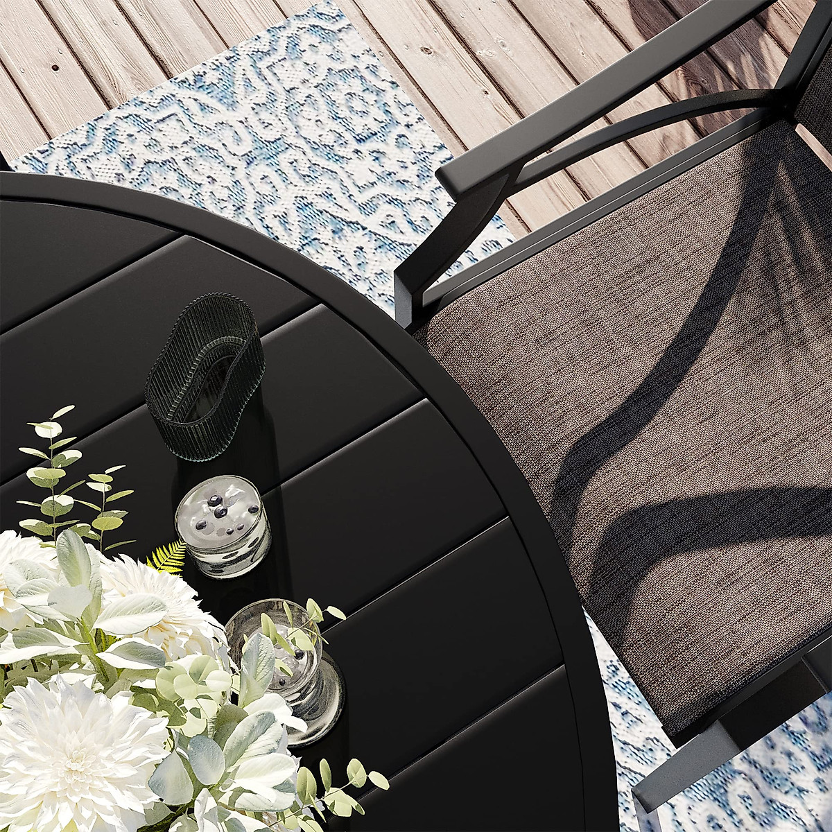 VICLLAX Outdoor Patio Round Dining Table, 42"x 42" Metal Slatted Round Tabletop with Adjustable Umbrella Hole for Deck Lawn Garden Backyard, Black