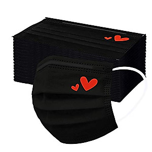 Mikilon, 50 Pcs Adults Black Disposable Face Masks for Women Men with Designs Printed Breathable Full Face Cover Protection 3 Ply (Red Heart), One Size