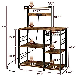 SUPERJARE Bakers Rack with Power Outlet, Microwave Stand, Coffee Bar with Wire Basket, Kitchen Storage Rack with 6 S-Hooks, Kitchen Shelves for Spices, Pots and Pans - Rustic Brown