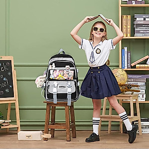 MocaDng Backpack for Girls, Kawaii Backpack Cute Aesthetic Backpack with Pin Accessories Plush Pendant, 17.7 Inch Backpack for School & Travel - Durable, Water Resistant (Black)