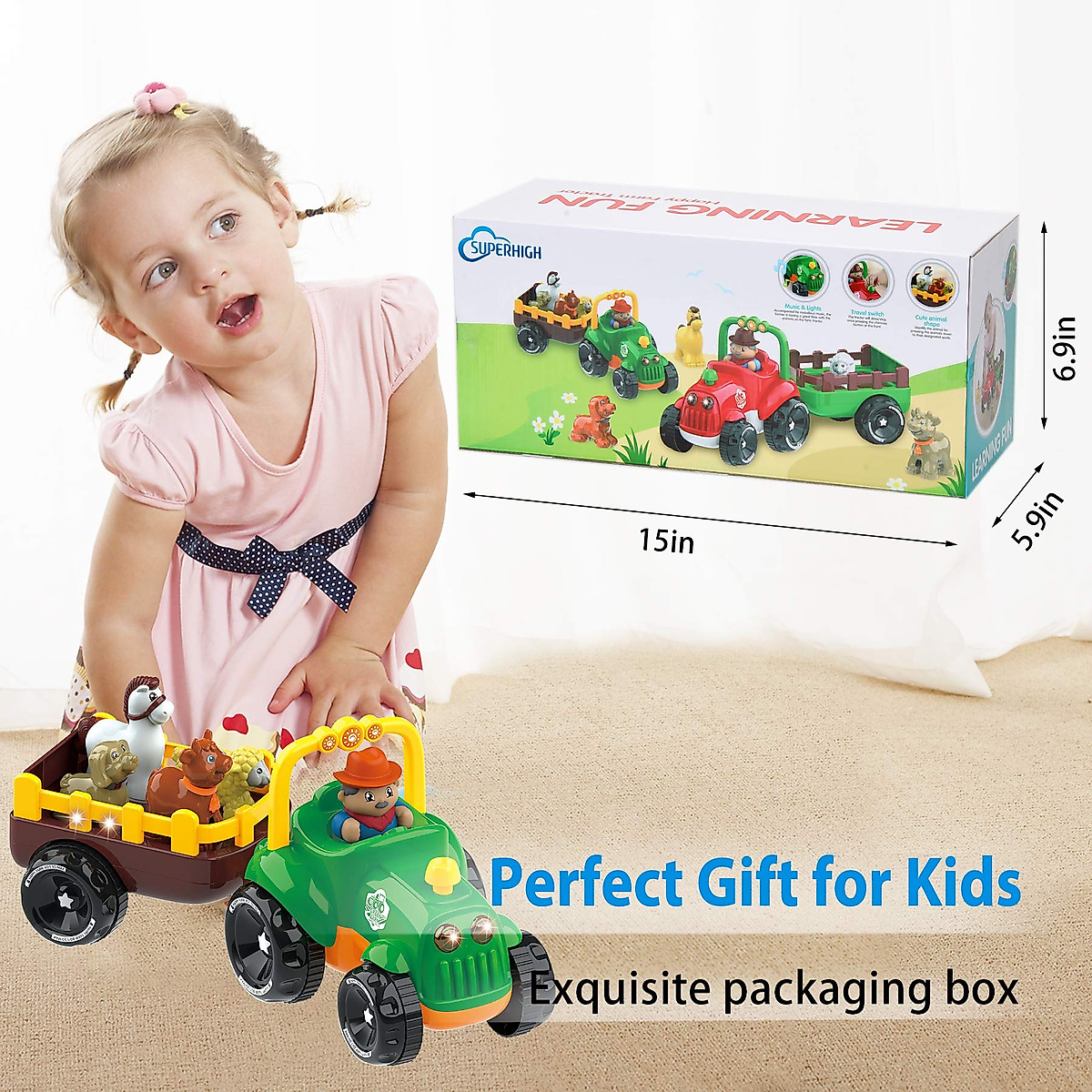 SUPERHIGH Tractor Farm Tractor Toys for 3 4 5 6 7 8 Year Old Boys & Girls with Detachable Farmer & Animals, Light & Animal Sound Effect, Great Gift for Toddlers Kids, Green