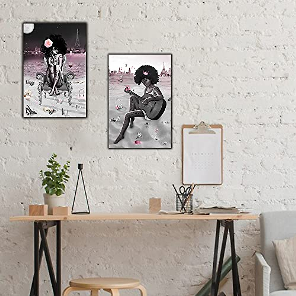 2 Pieces African American Wall Art Black Girl Fashion Posters Pink and Black Beach Eiffel Tower Painting Picture Modern Artwork for Bathroom Living Room Home Wall Decor (12x18 inch)