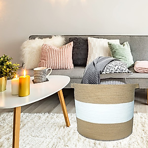 QDSTCKJ Extra Large Blanket Basket Living Room, Brown-white Laundry Basket,16”x 20.3”,Large Cotton Rope Basket for Storage