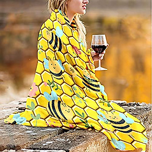 Cute Bee Blanket Bee Gifts for Kids Adults Flowers Yellow Fleece Plush Throw Blanket for Couch Bed Honeycomb Decor, Warm Lightweight Super Soft Blankets All Seasons, 60x50 Inch
