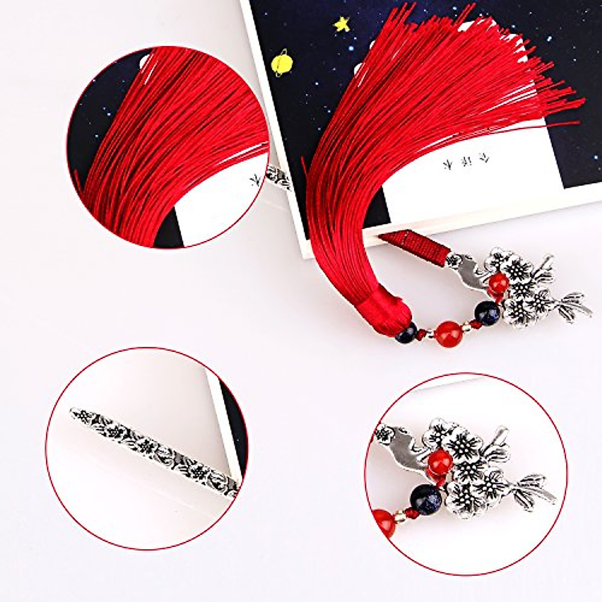 GTHER Chinese Metal Bookmarks with Tassel, Vintage Bookmark Unique Classical Ancient Chinese Hairpin Bookmark with Handmade Silky Tassel for Book Lovers Unique Gift, Plum Blossom