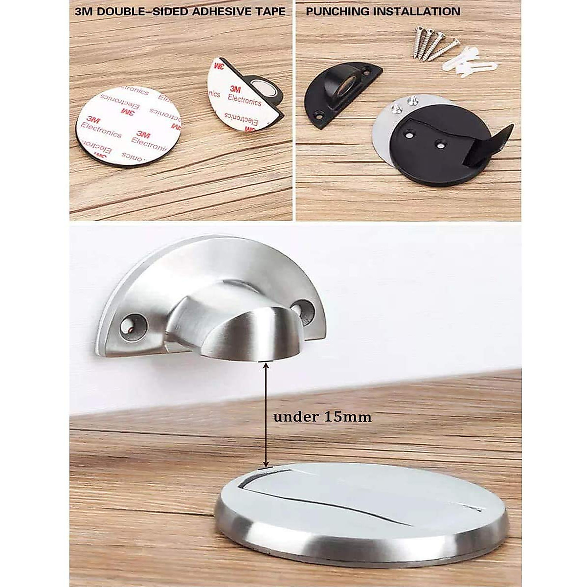 KOLAKO Magnetic Door Stop,Magnetic Door Stopper Brushed Satin Nickel,Floor Metal Magnetic Door Catch Invisible Door Holder with Adhesive,Stainless Steel Heavy Duty Silver Doorstop