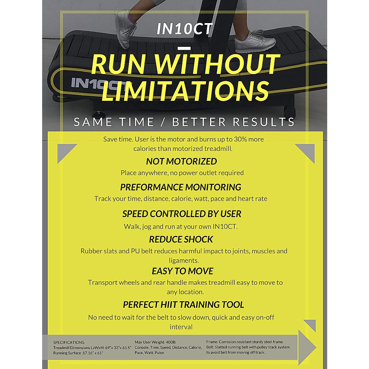 IN10CT (Intensity) Health Runner Curved Manual Treadmill - Non Motorized Treadmill with Curved Running Platform