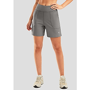 SANTINY Women's 6'' Athletic Long Shorts with 4 Pockets High Waisted Bermuda Shorts for Women Walking Running Casual (Light Grey_M)