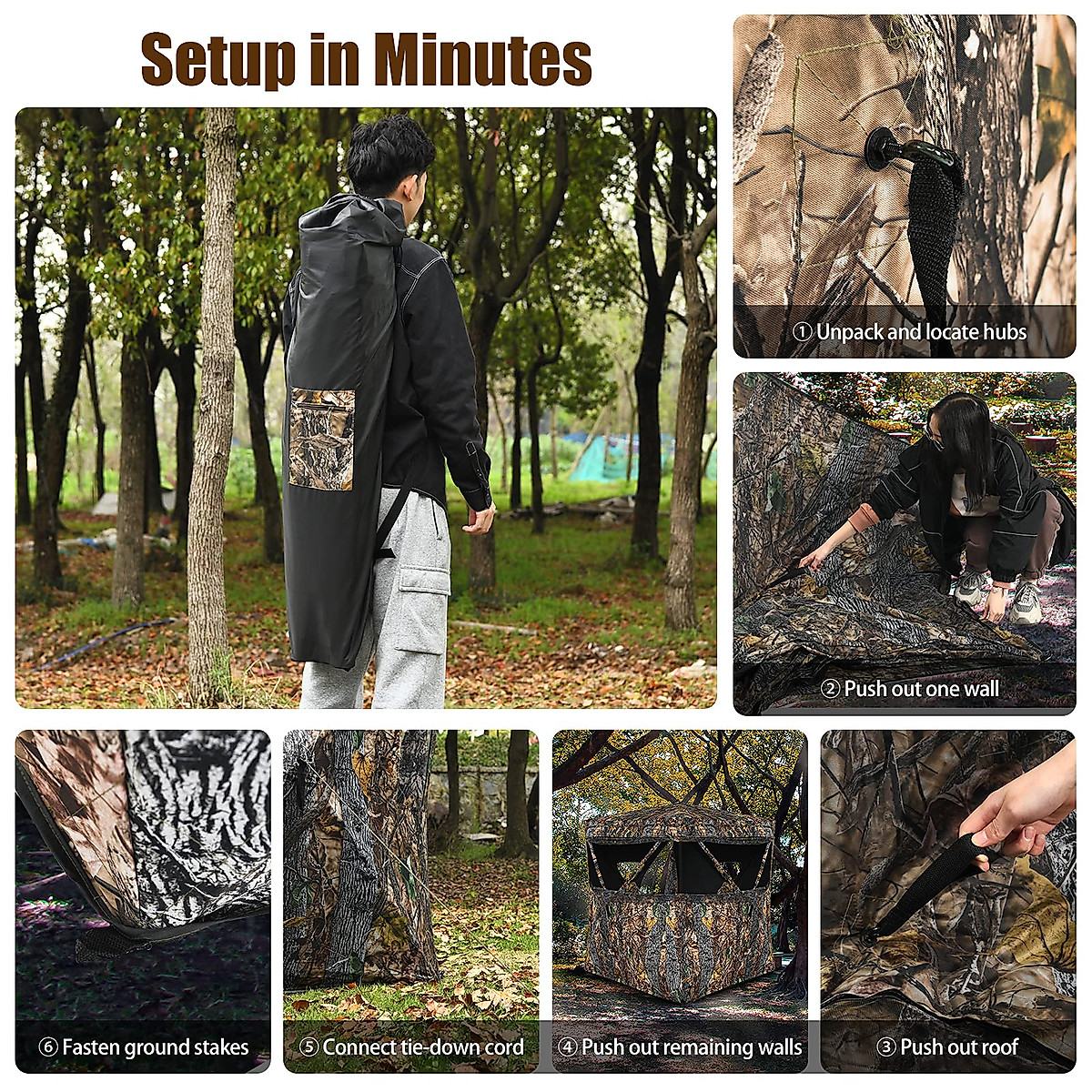 GYMAX Hunting Blind, 3 Person Pop Up See Through Silent Sliding Ground Blind with Hub System, Triangle Zipper Door & Carry Bag, Camouflage Mossy Backwoods Waterproof Deer Hunting Blind Tent