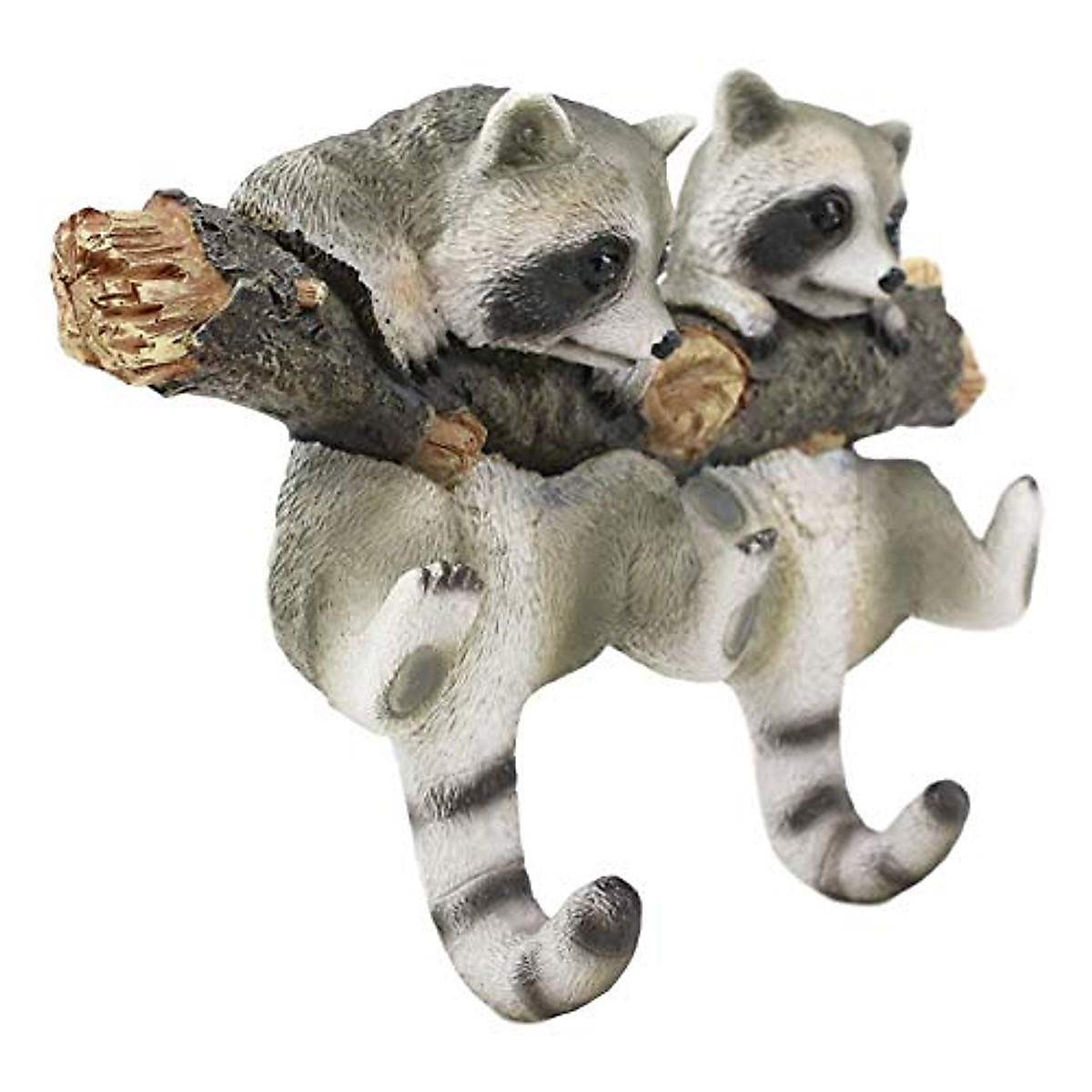 Ebros Whimsical Forest Rustic 2 Playful Raccoons Dangling On Tree Branch 6 Pegs Wall Hooks 9.25" Wide Hanger Raccoon Rodent Themed Wall Mount Coat Hat Keys Hook Decor Hanging Sculpture Plaque