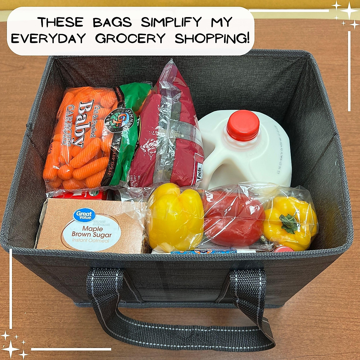 VENO 3 Pack Reusable Grocery Bags, Shopping Bags for groceries, Utility Tote with Handles and Hard Bottom, Foldable Shopping Cart Organizer, Multi-Purpose, Heavy-Duty (BLK Windowpane, 3 Pack)