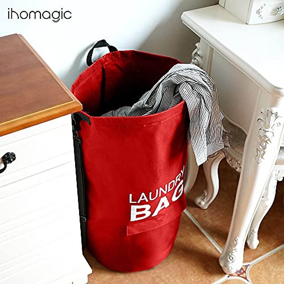 IHOMAGIC 71L Laundry Bag Backpack with Adjustable Shoulder Straps and Pocket, Hanging Fabric Laundry Hamper, Portable Laundry Baskets with Buckle, Extra Large Dirty Clothes Hamper for Laundry (Red)