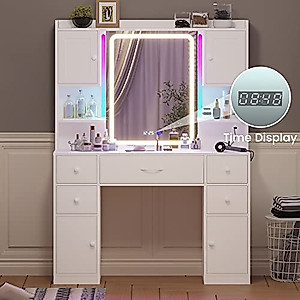 Tiptiper Large Vanity Desk with Mirror & Lights, Makeup Vanity with Lights & Charging Station, Vanity Table with Smart Mirror with Time Display, Makeup Table with 5 Drawers, White (V-L)