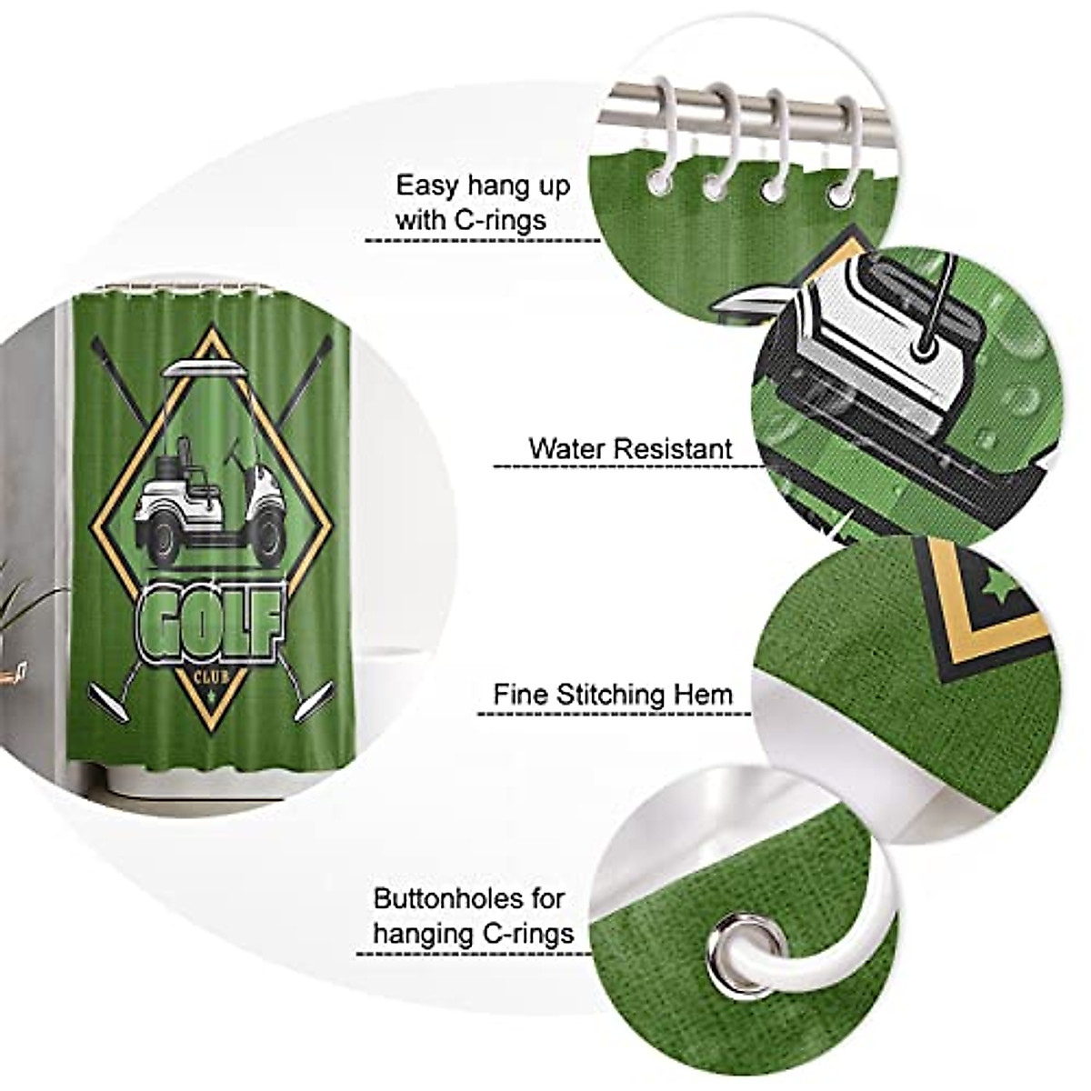 Wohnkutu 4Pcs Bathroom Shower Curtain Set, Balls Sports Theme Bathroom Accessory Shower Curtain Rugs Set, Golf Cart Golf Club Green Ball Field Non-Slip Bath Mat, Toilet Lid Cover, 72"x72"+Samll Set