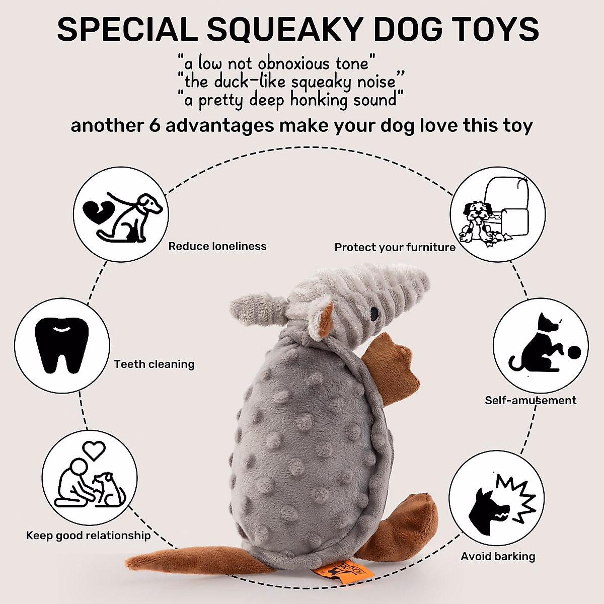 Hollypet Dog Toy, Bubble Plush Dog Toy with Crinkle Paper, Squeaky Dog Toys Puppy Chew Toy with Clean Teeth Armadillo Animals Toy for Small Medium Large Dogs, Gray, 8 inch