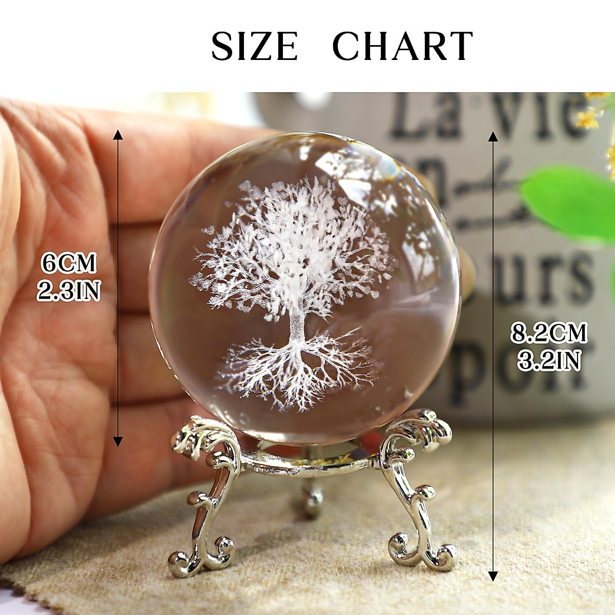 60mm Tree of Life Crystal Ball with Stand Decorative Paperweight 3D Laser Engraved Glass Plant Life Tree Sphere Novelty Home Decor