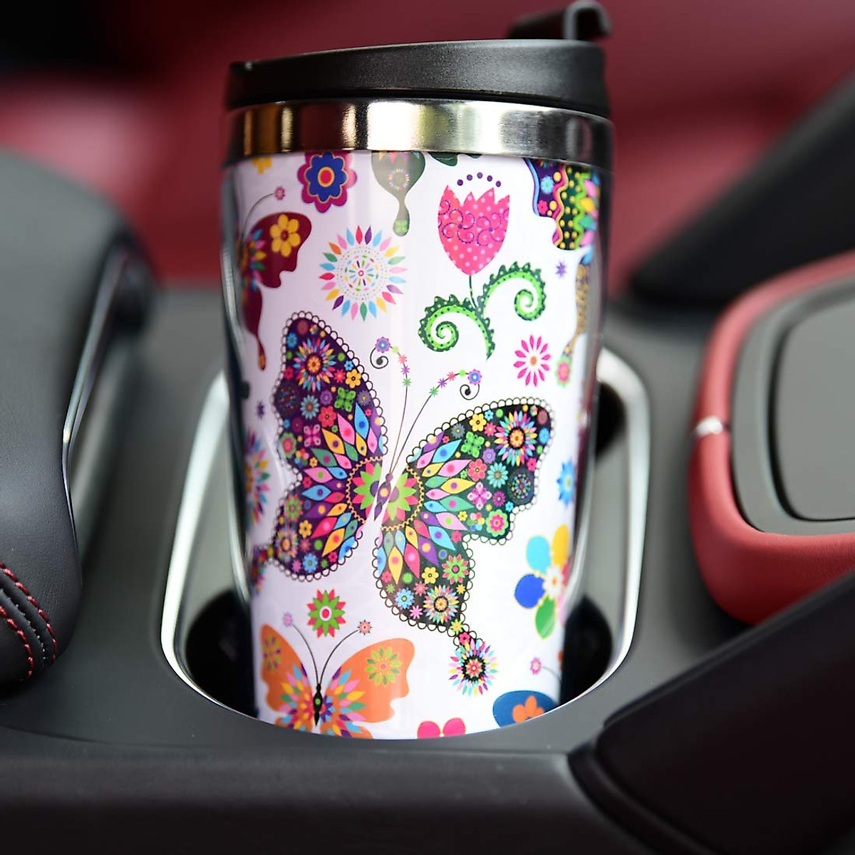 NVJUI JUFOPL Women Butterflies Flowers Travel Coffee Mug 15 oz, With Flip Lid, Stainless Steel, Water Bottle Cup for Mom Aunt Girl
