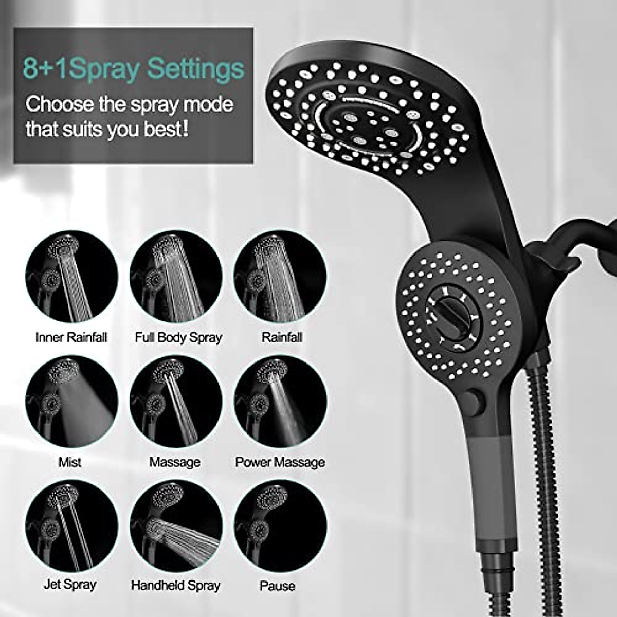 SR SUN RISE Magnetic Shower Faucets Sets Complete 8-Spray 2-in-1 Dual Shower Head with Handheld Combo and ON/OFF Switch for Saving Water Single-Handle Shower Faucet, Matte Black (Valve Included)