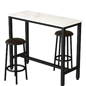 Lamerge 47.2" Bar Table Set of 2,Faux Marble Table Top,PU Leather Stools,3 Piece Pub Height Table Set,Dining Table Set,for Kitchen,Living Room,Nook,Bar,White&Brown