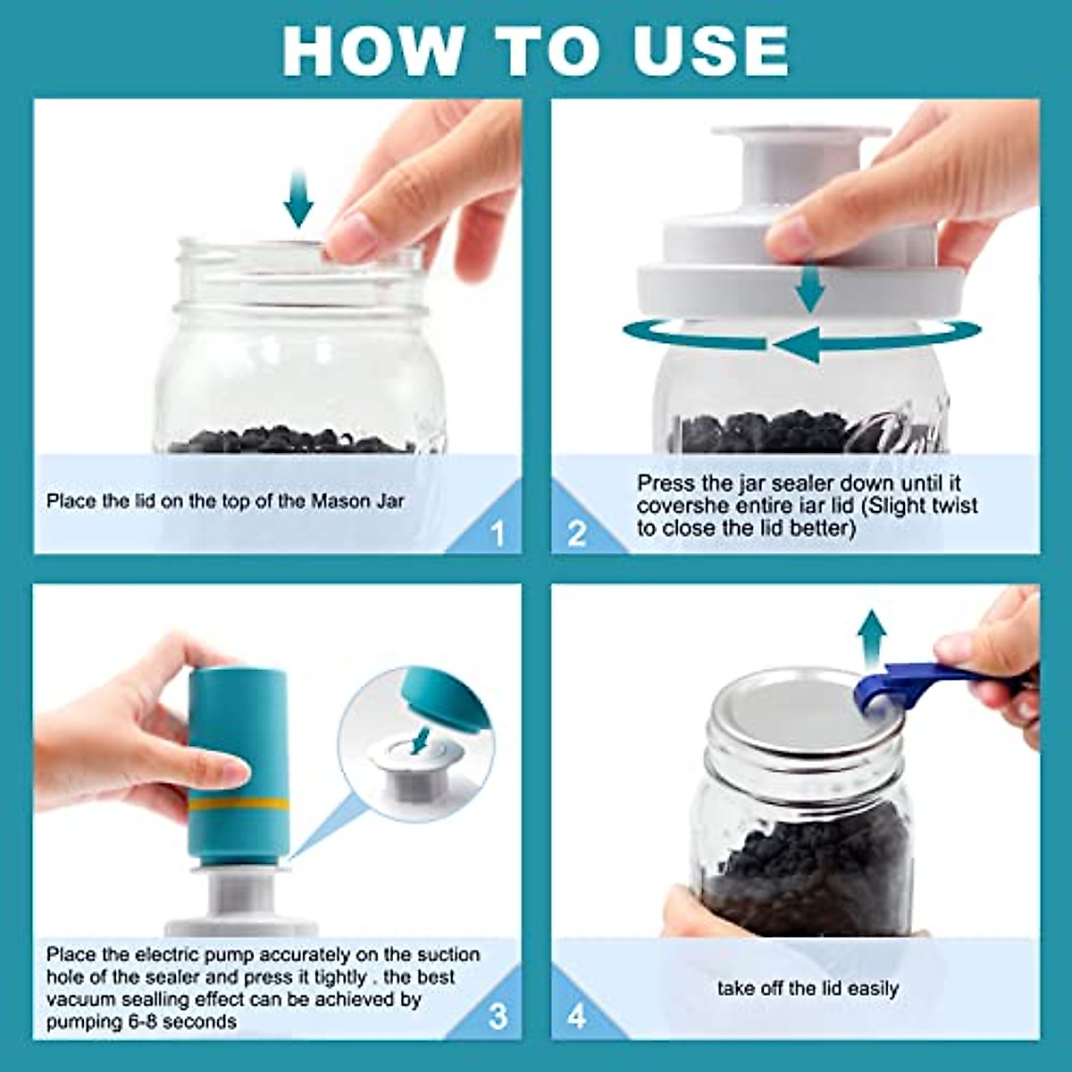 Electric Mason Jar Vacuum Sealer - Food Vacuum Saver Food Jar Protector Vacuum Seal Kit For Wide Mouth And Regular Mouth Mason Jars Compatible with FoodSaver