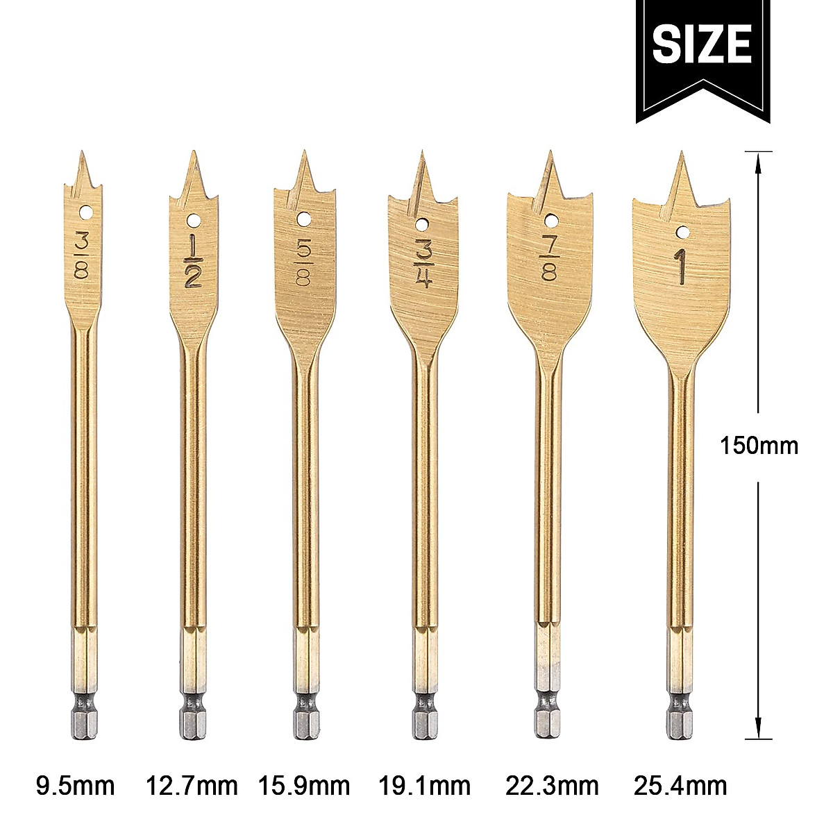 6-Piece Spade Drill Bit Set,Carbon Steel Paddle Flat Bits, for Hole Cutter Woodworking (3/8",1/2", 5/8", 3/4", 7/8", 1")