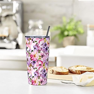 20oz Tumbler Watercolor Flower Pattern Double Wall Vacuum Insulated Coffee Mug with Lid and Metal Straw Brush Reusable Stainless Steel Water Bottle Travel Cup Gifts for Car Ice Drinks Hot Beverage