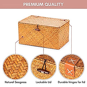Komely set of 3 Seagrass Shelf Baskets with lids,Decorative Rectangular Storage Baskets with Lids, Handwoven Wicker storage Bins, Stackable Storage Boxes