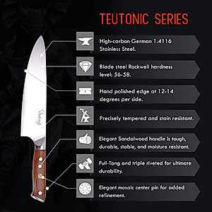 Kitchen Knife Set With Block: 8 Piece German 1.4116 High-Carbon Stainless Steel Knives - Full-Tang, Ergonomic Sandalwood Handles W/Stylishly Designed Acacia Wood Knife Block by Oxford Chef