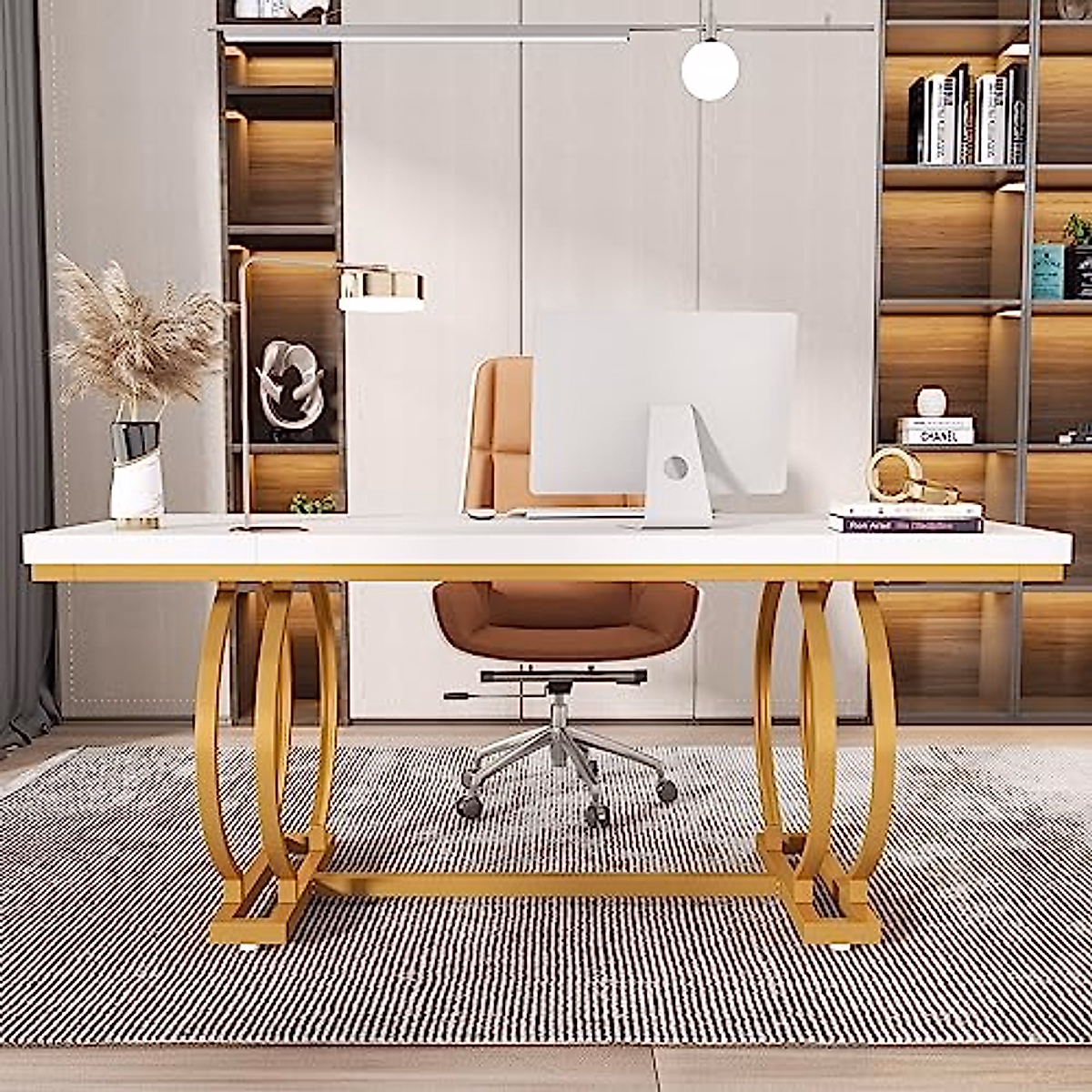 Tribesigns 70.9" Executive Desk, Large Modern Office Desk Computer Desk with Gold Metal Frame, Conference Table Meeting Room Table for Home Office, White and Gold