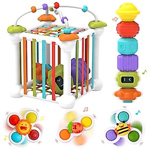 QIUXQIU Baby Shape Sorting Toys,Sensory Sorting Bin with 3 Pcs Suction Cup Spinner Toy,Colorful Shape Sorter Box,Shape Sorter Train, Early Learning Montessori Toys Gifts for 18 Months and Up 12 PCS