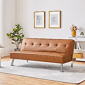 Yaheetech Convertible Sofa Couch Futon Bed Faux Leather Sofa Bed Sleeper Adjustable Loveseat Futon Couch Living Room Furniture with Chrome Metal Legs, Brown
