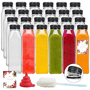 24 Pack 12OZ Plastic Juice Bottles with Caps, OAMCEG Juice Containers with Lids for Fridge, Reusable Smoothie Bottles, Empty Clear Bulk Beverage Container with Black Tamper Evident Lids (Square, 12oz)