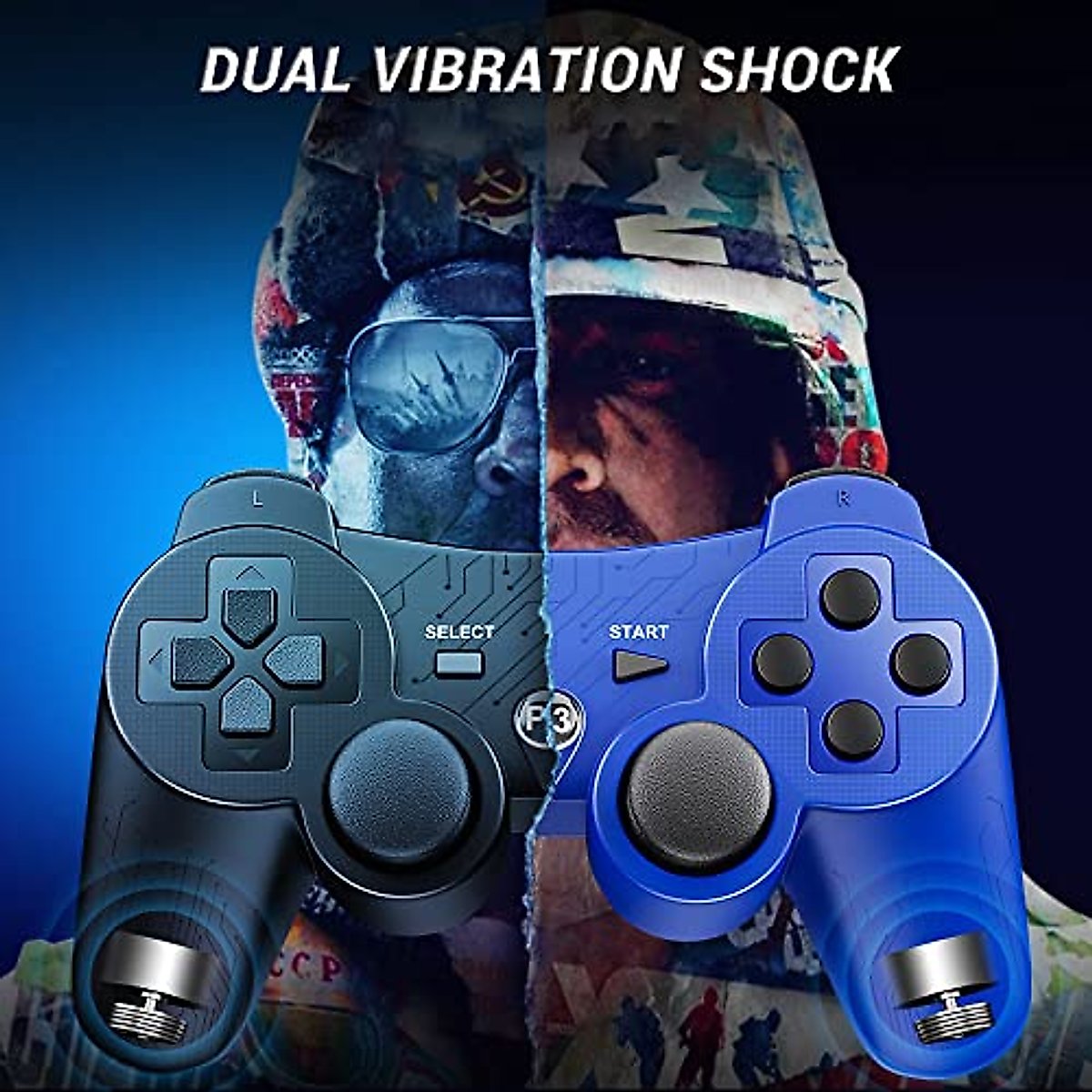 OKHAHA Controller for PS3 Controller Wireless for Sony Playstation 3 Controller, Double Shock 3, Rechargeable, Motion Sensor, Remote for PS3, 2 USB Charging Cords, 2 Pack, Stripes, Black + Blue