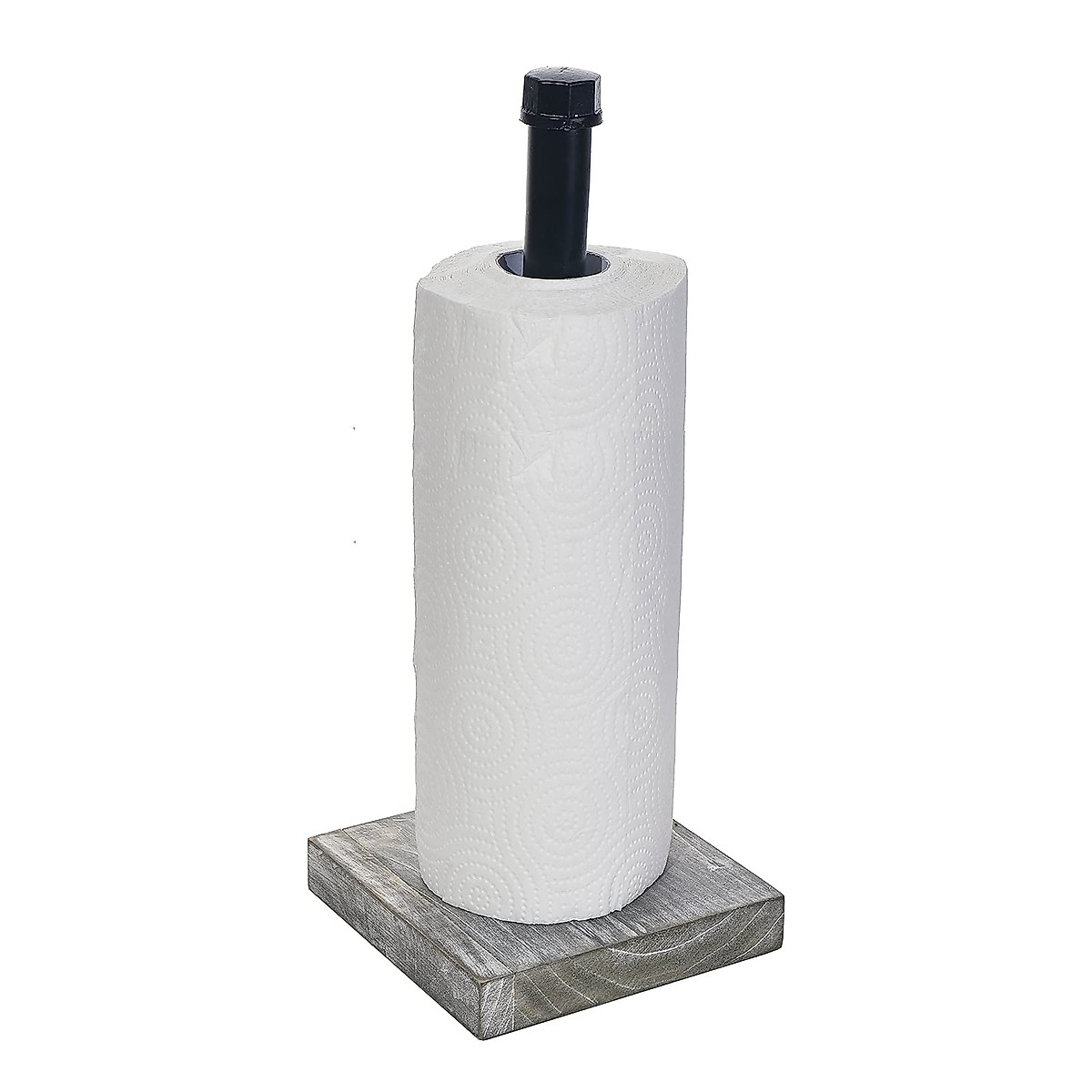 Rustic Industrial Iron Pipe Design Paper Towel Holder with Solid Wood Base Farmhouse Paper Towel Roll Dispenser for Kitchen Bathroom Livingroom Office (GreyWhite)