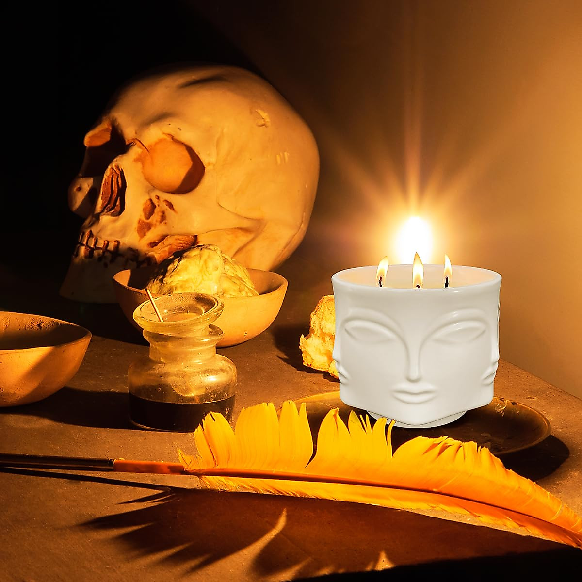 Outdoor Decorative White Large Citronella Candle, 20oz, Ceramic, Repelling 3 Wick Scented Candles, 100% Soy, for Patio Decor, Outside Table Decor, Camping Accessories