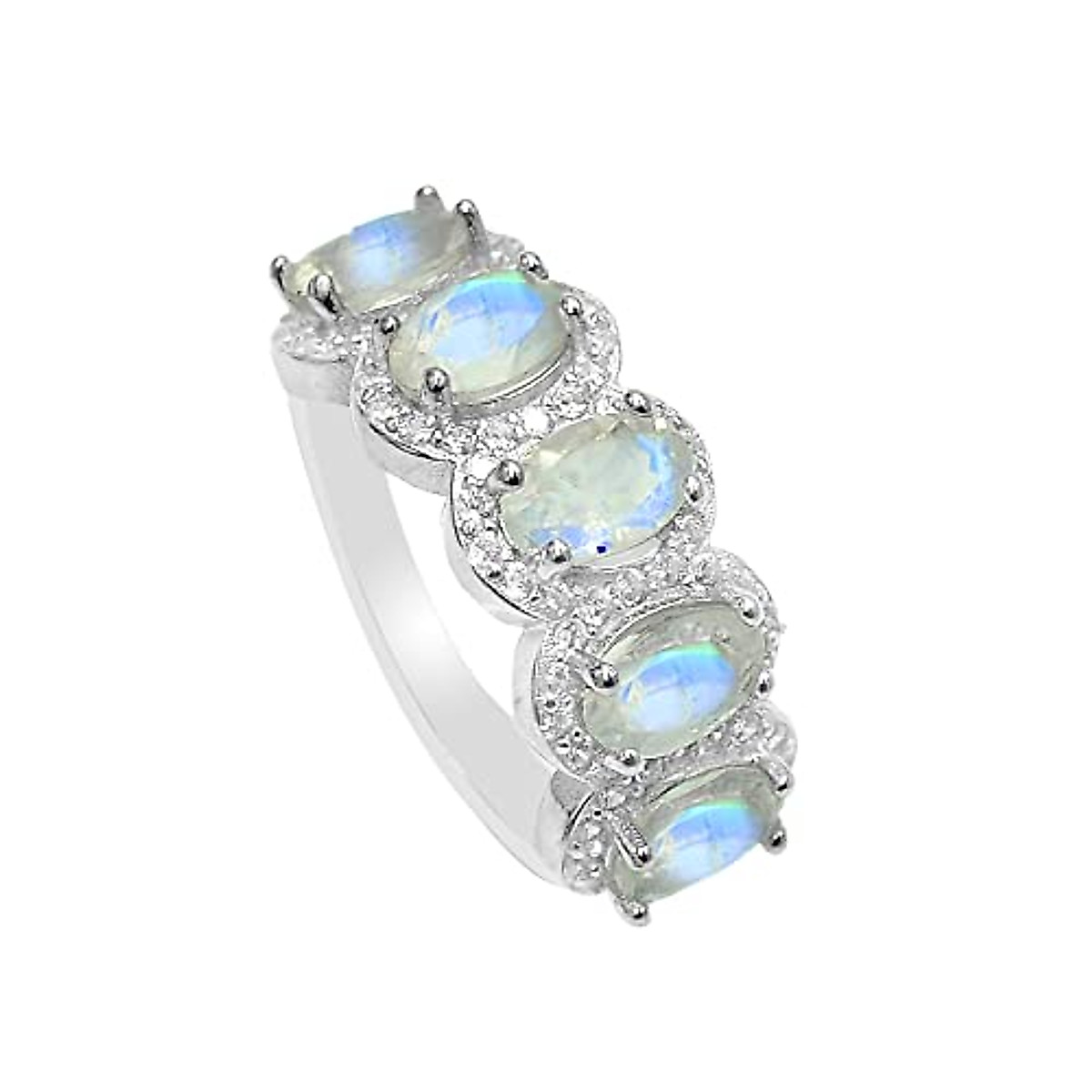 925 Sterling Silver Natural Blue Fire Rainbow Moonstone Ring Statement Ring June Birthstone Wedding Jewelry Proposal Ring Engagement Gift For Girlfriend Gift For Her (Sterling Silver, 9.25 US)