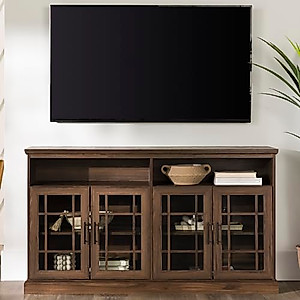 Walker Edison Classic Glass Door Universal TV Stand for TV's up to 64" Flat Screen Living Room Storage Cabinet Doors and Shelves Entertainment Center, 16"D x 58"W x 33"H, Dark Walnut