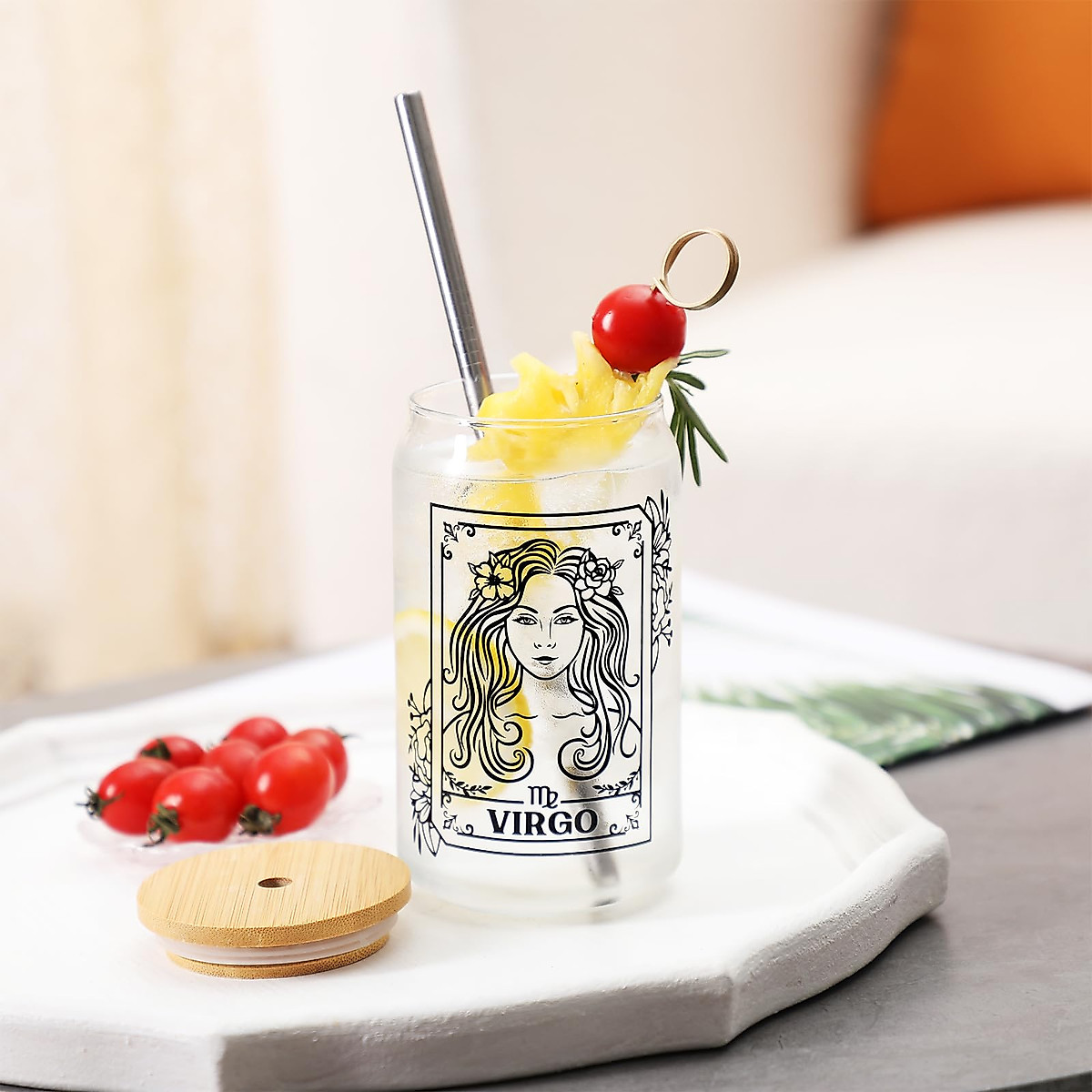 Nefelibata Virgo Beer Can Glass 16 OZ Constellation Iced Coffee Glass with Lid Metal Straw and Cleaning Brush, Reusable Drinking Cup for Coffee Tea Soda Juice, Zodiac Gifts for Women and Men, Set of 1