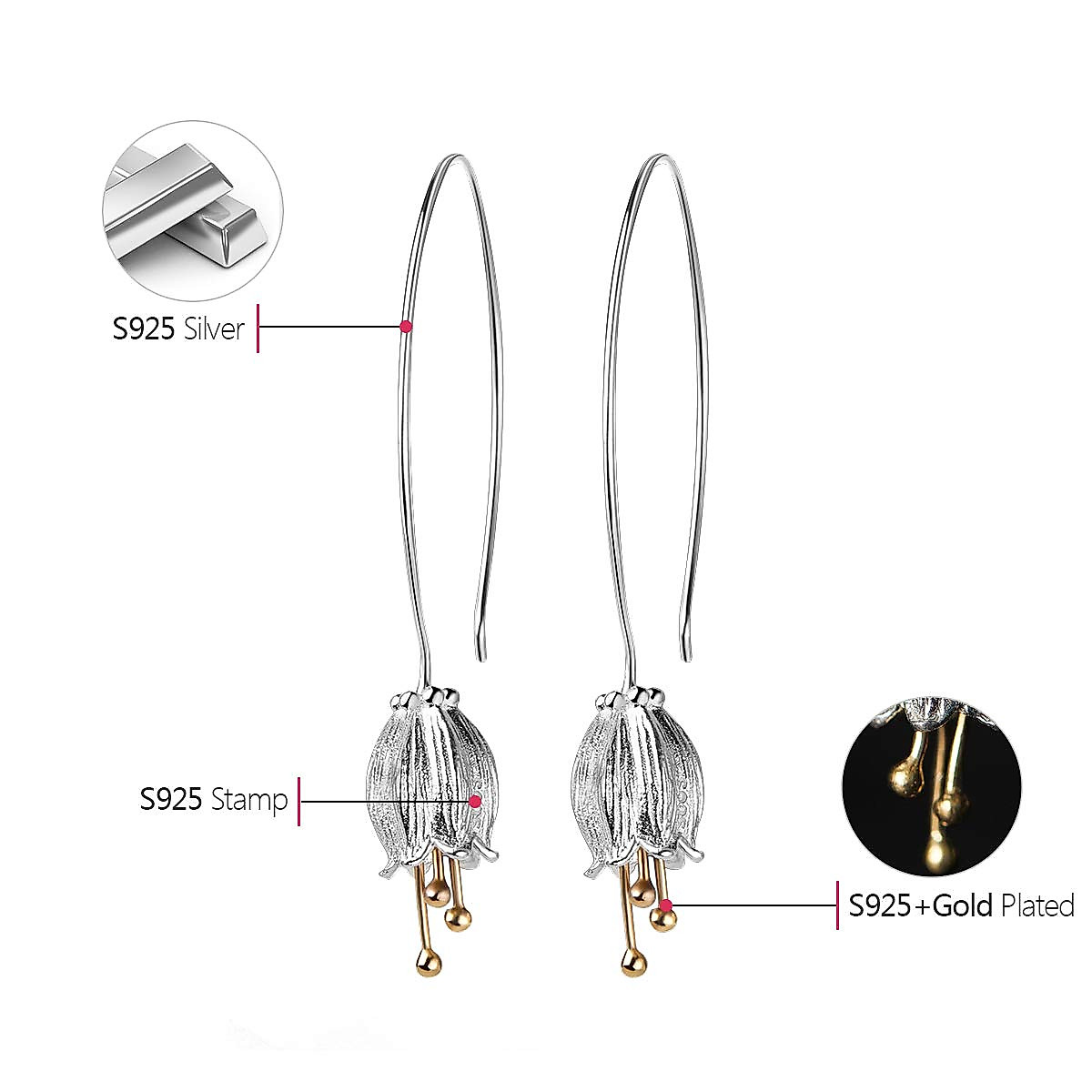 Christmas Gifts925 Sterling Silver Drop Earrings Natural Fresh Bell Flower Dangle Earrings, Handmade Unique Jewelry Gift for Women and Girls